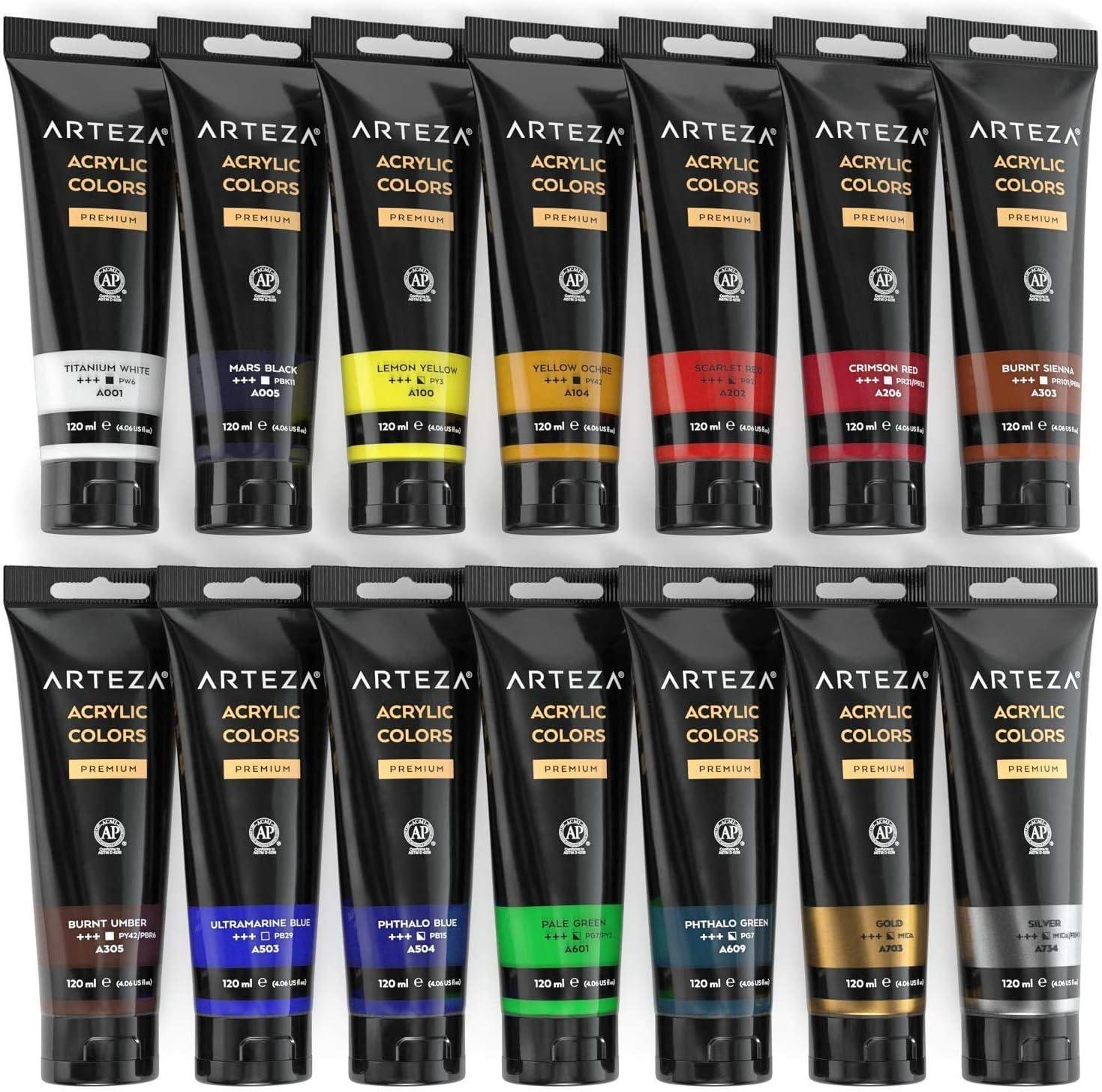 ARTEZA Acrylic Paint Set of 14 Colors, 4.06 Ounce Tubes, Non-Toxic ...