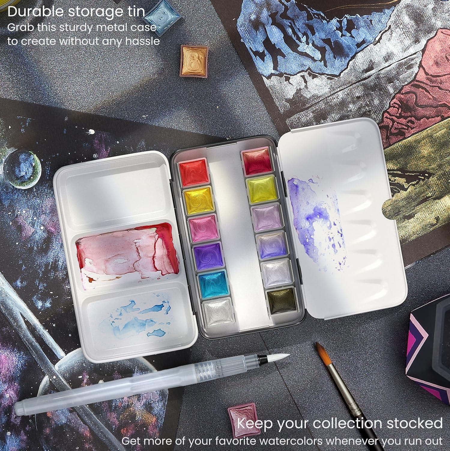 ARTEZA Metallic Watercolor Paint Set 24 Colors, Shimmering Watercolors ...