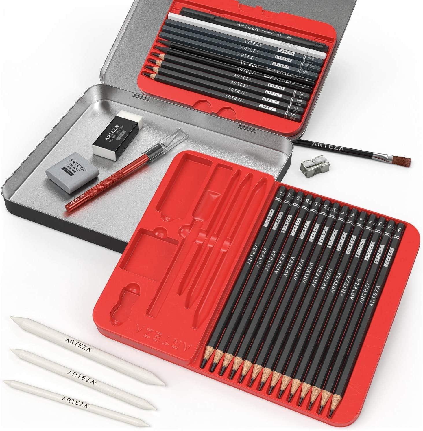 Arteza Drawing Set for Adults, Set of 33 Artist Sketching Tools, 20 ...