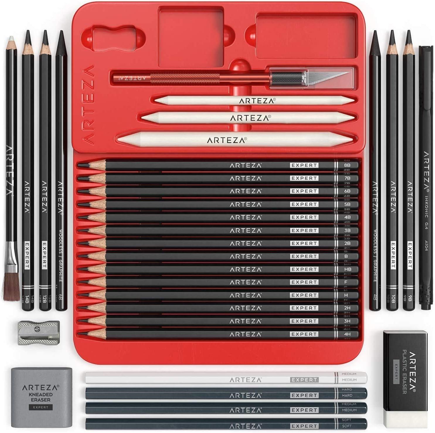 Arteza Drawing Set for Adults, Set of 33 Artist Sketching Tools, 20 ...