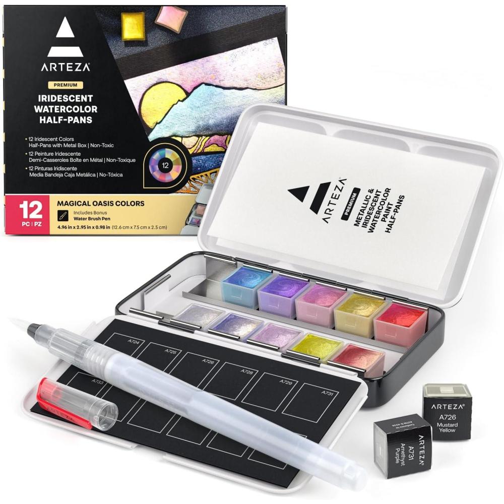 ARTEZA Metallic Watercolor Paint Set 24 Colors, Shimmering Watercolors ...