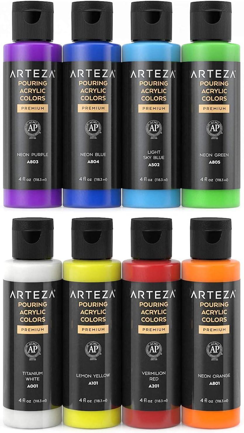 ARTEZA Acrylic Pouring Paint Set, 8 Rainbow Colors, 4 oz Bottles, High ...