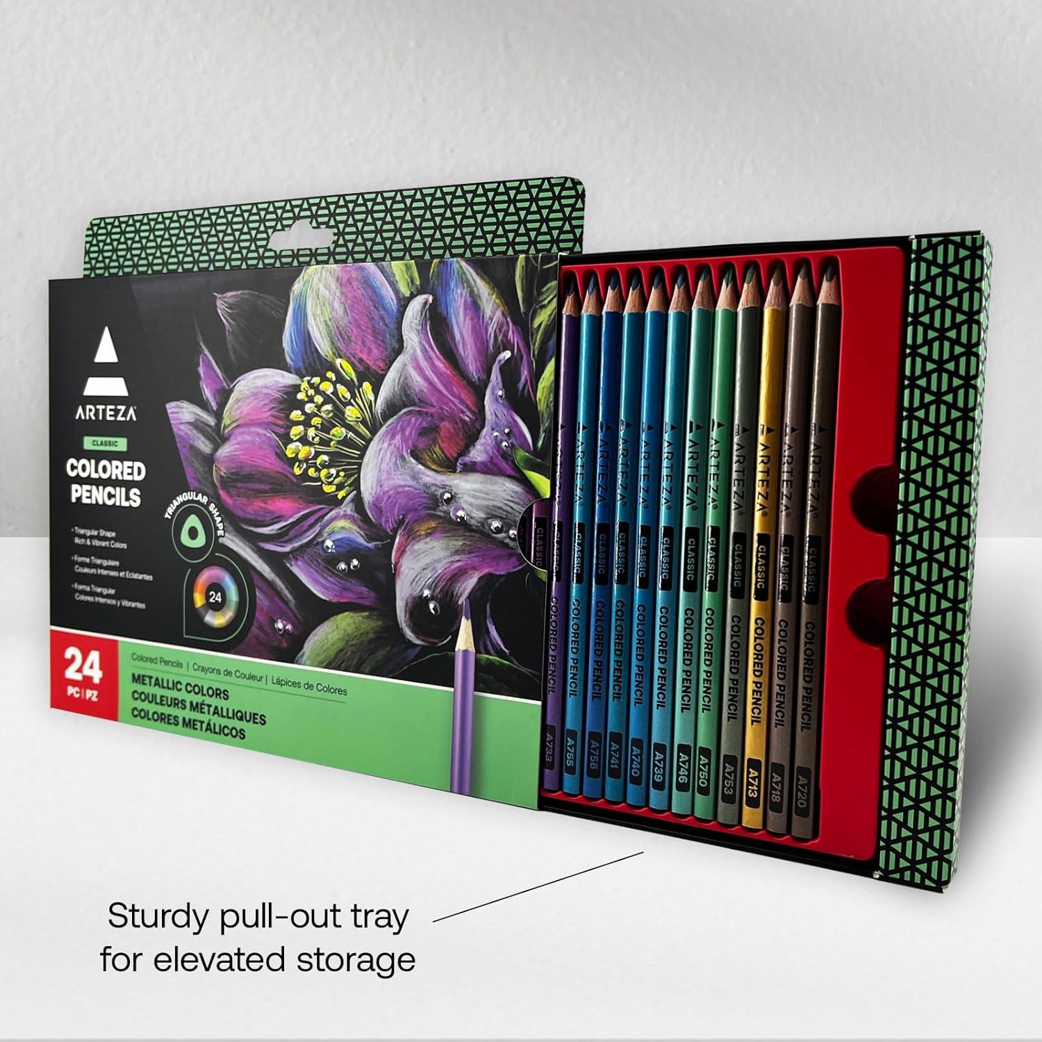 ARTEZA Metallic Colored Pencils, 24 Coloring Pencils Set, Triangular ...