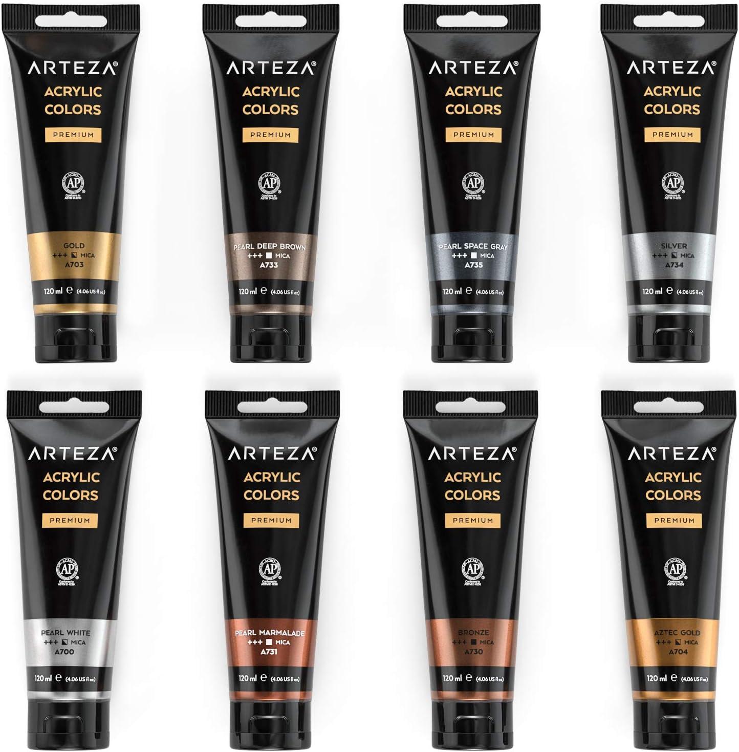 ARTEZA Pastel Acrylic Paint, Set of 8, Metallic Tones, 4.06 fl oz Tubes ...