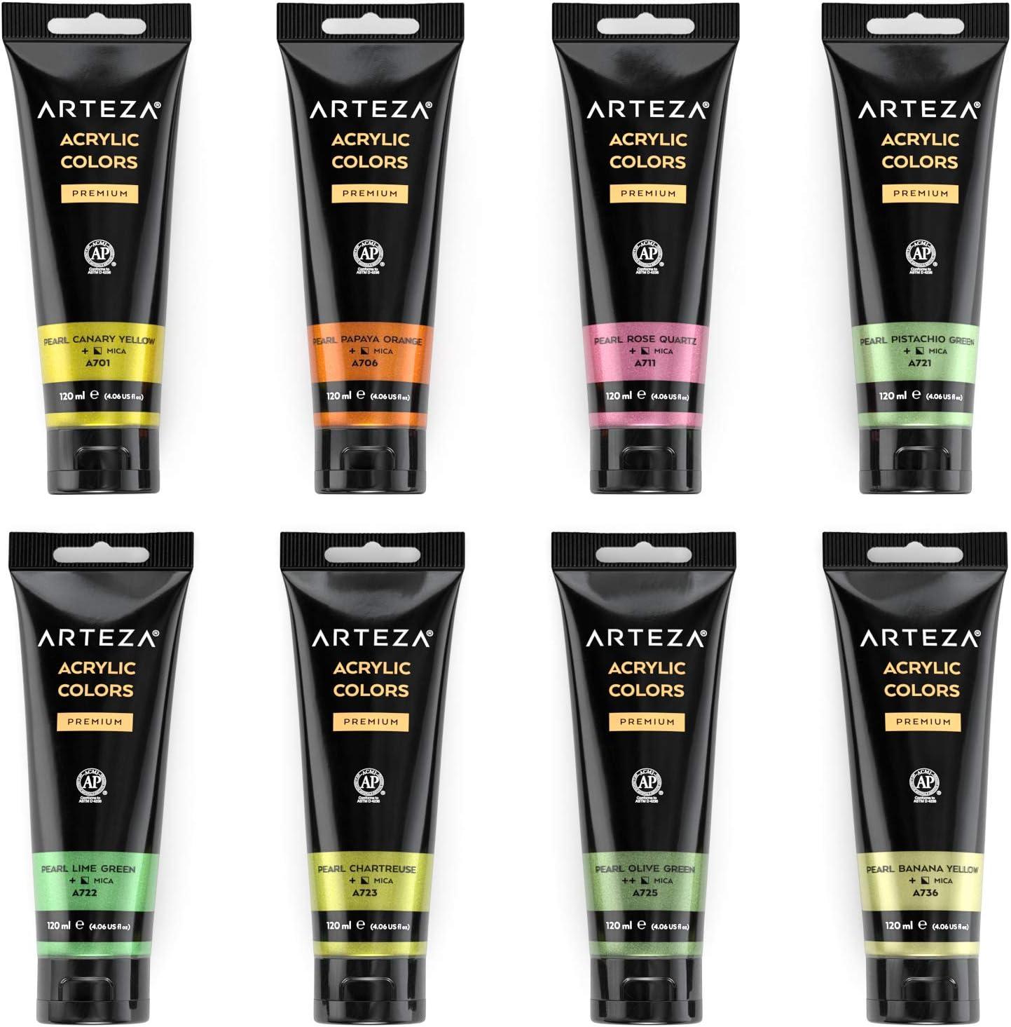 ARTEZA Pastel Acrylic Paint, Set of 8, Metallic Tones, 4.06 fl oz Tubes ...