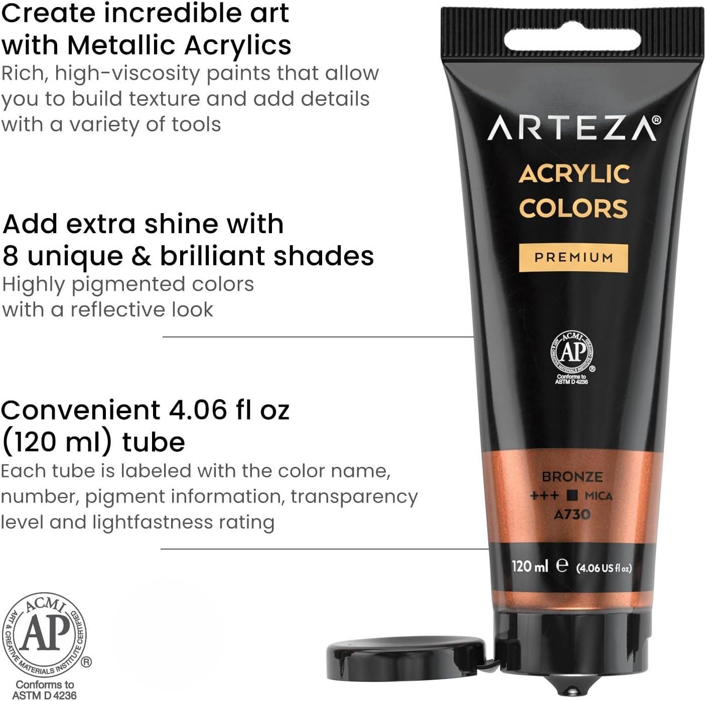 ARTEZA Pastel Acrylic Paint, Set of 8, Metallic Tones, 4.06 fl oz Tubes ...