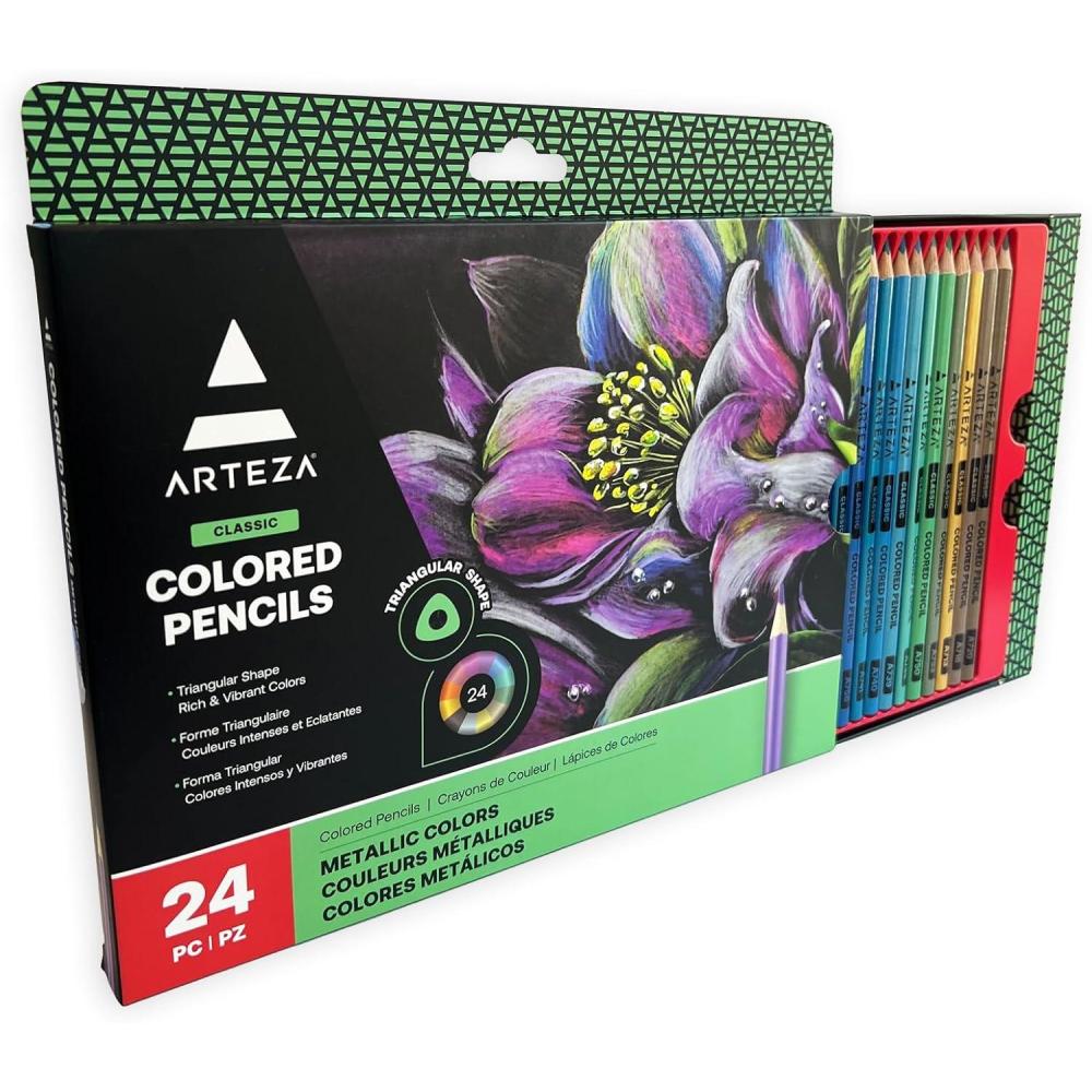 ARTEZA Metallic Colored Pencils, 24 Coloring Pencils Set, Triangular ...