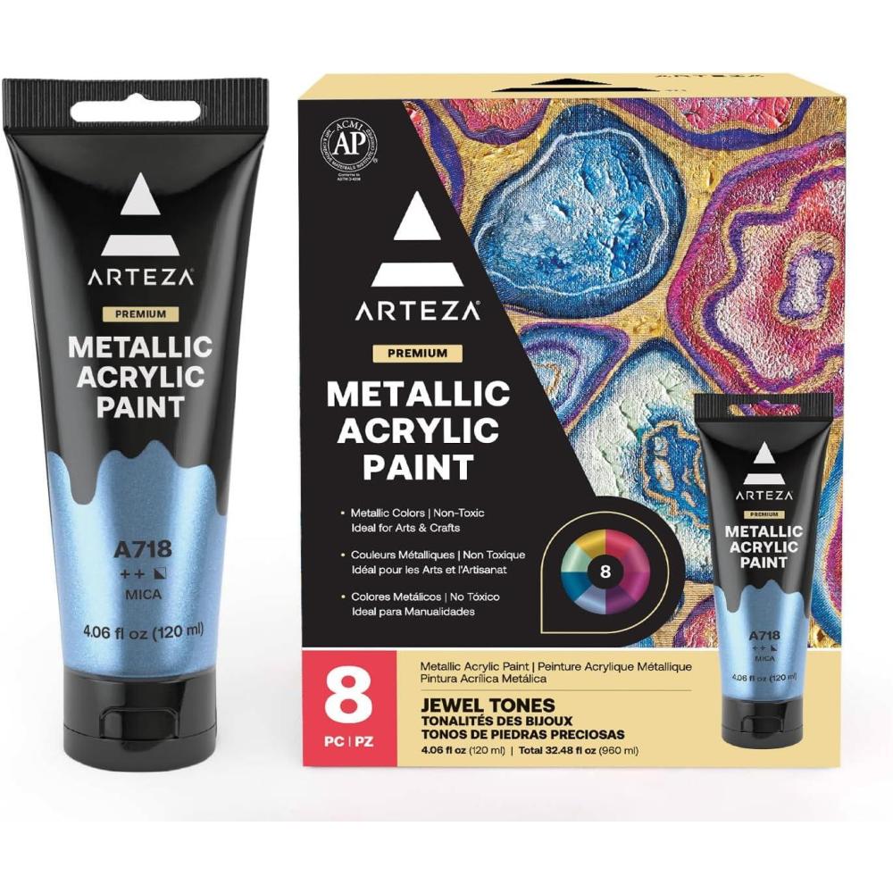 ARTEZA Pastel Acrylic Paint, Set of 8, Metallic Tones, 4.06 fl oz Tubes ...