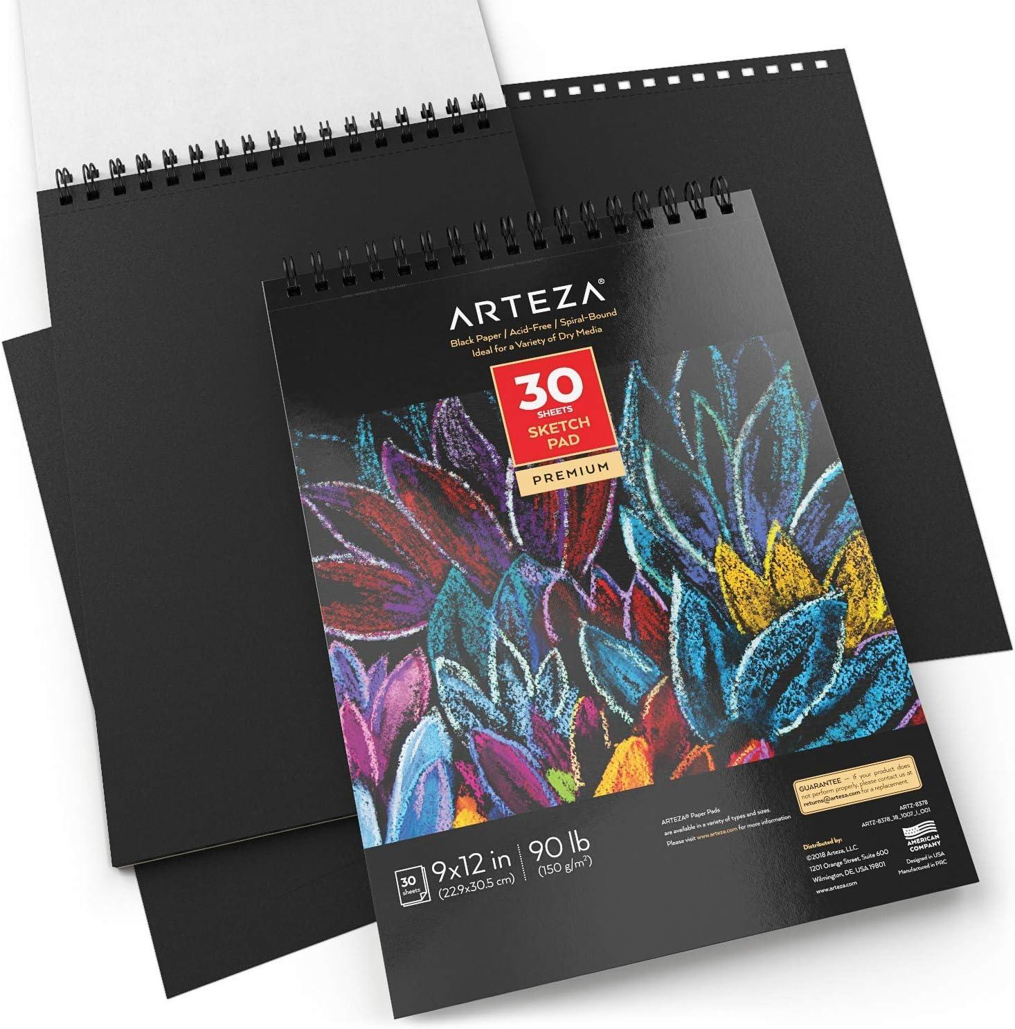 ARTEZA Spiral Sketch Book 9×12 Black Art Paper Drawing Pad 2 Pack 30 ...