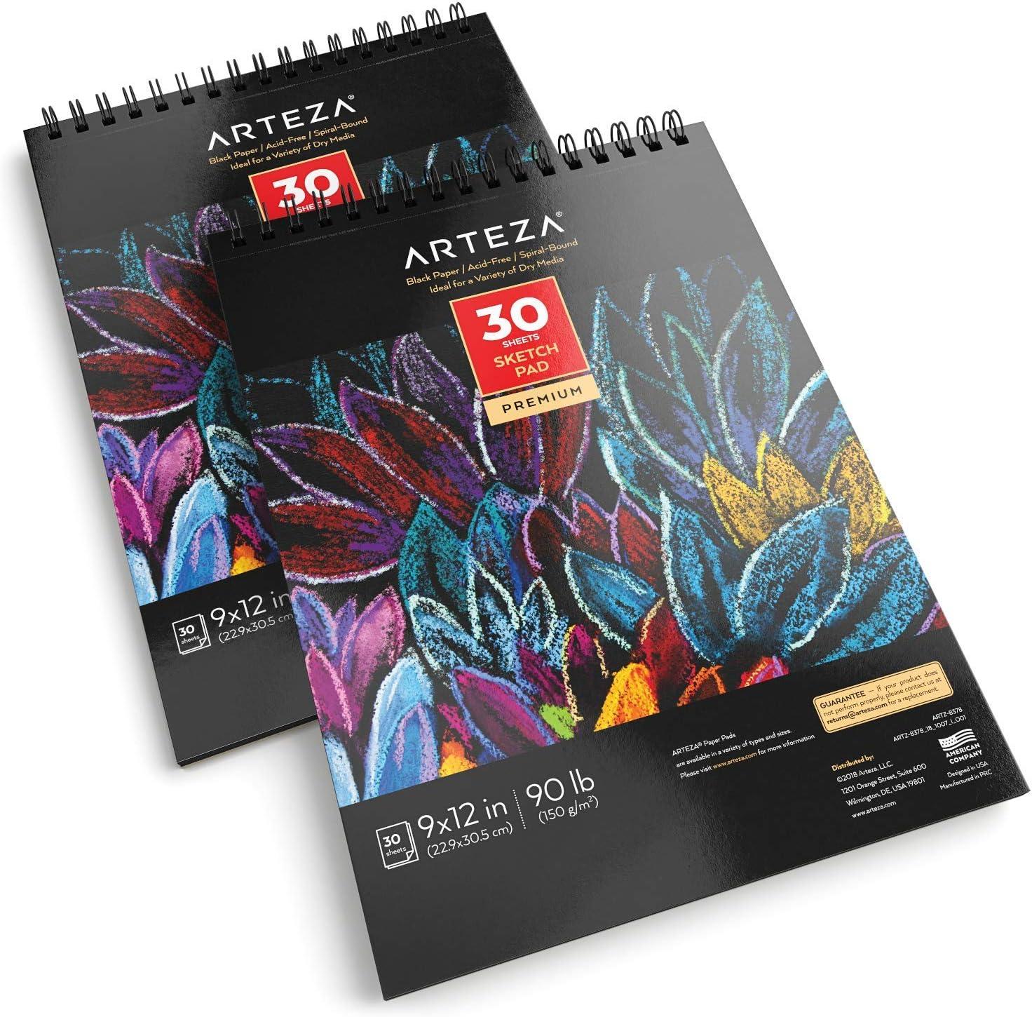 ARTEZA Spiral Sketch Book 9×12 Black Art Paper Drawing Pad 2 Pack 30 ...