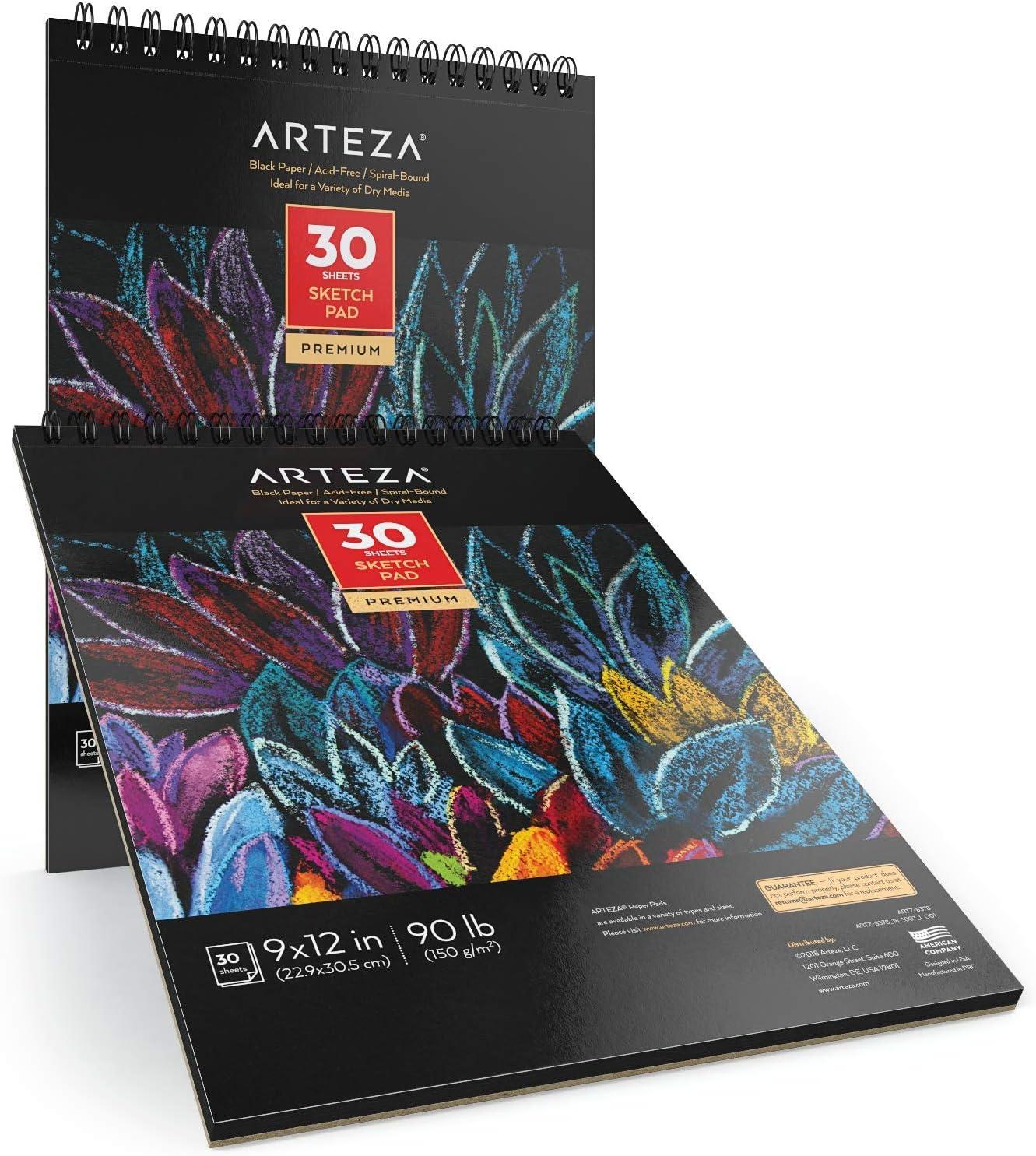 ARTEZA Spiral Sketch Book 9×12 Black Art Paper Drawing Pad 2 Pack 30 ...