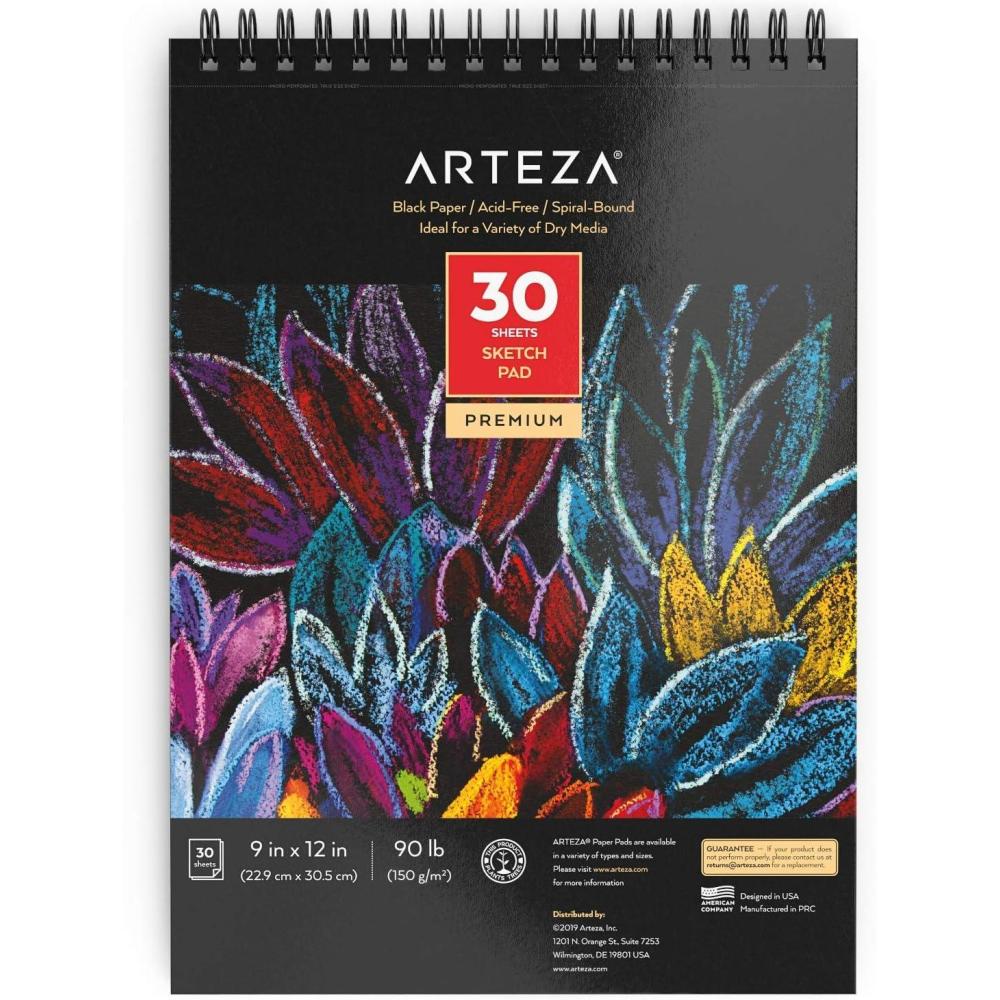 ARTEZA Spiral Sketch Book 9×12 Black Art Paper Drawing Pad 2 Pack 30 ...