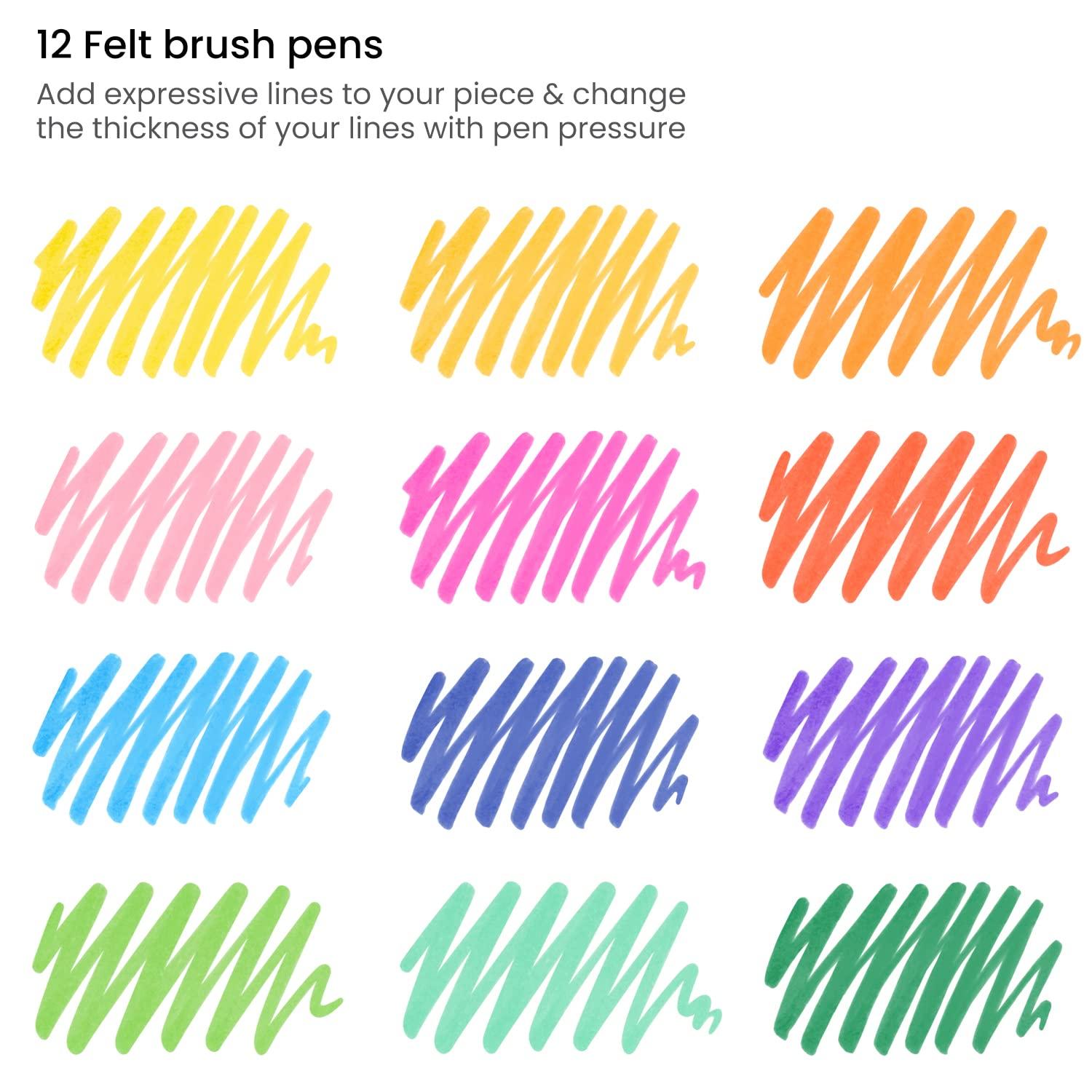 ARTEZA Felt Tip Pens, Set of 12 Bright Brush Tip Calligraphy Pens for ...