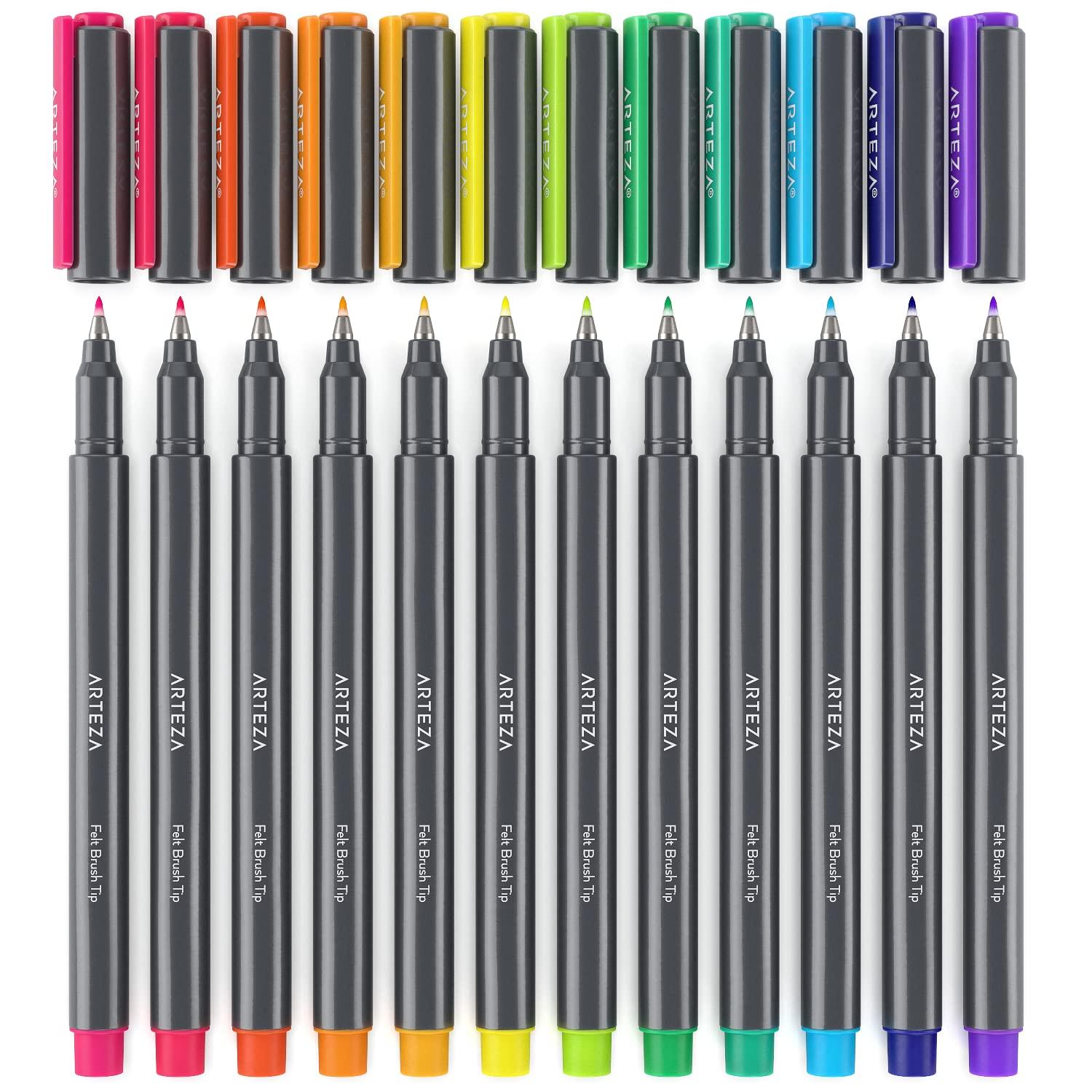 ARTEZA Felt Tip Pens, Set of 12 Bright Brush Tip Calligraphy Pens for ...