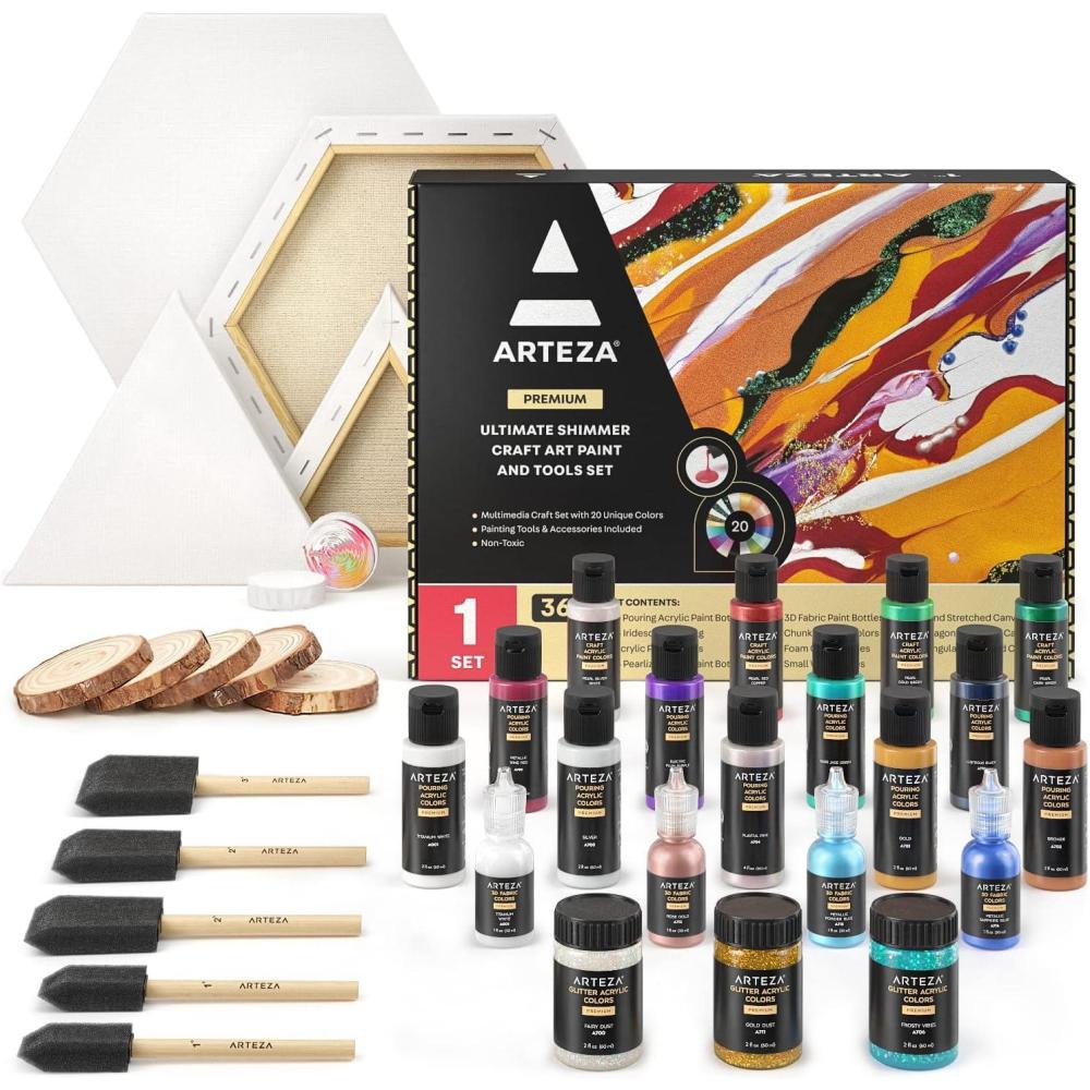 Arteza Acrylic Pouring Paint Kit, 36 Pieces, Bright and Iridescent ...