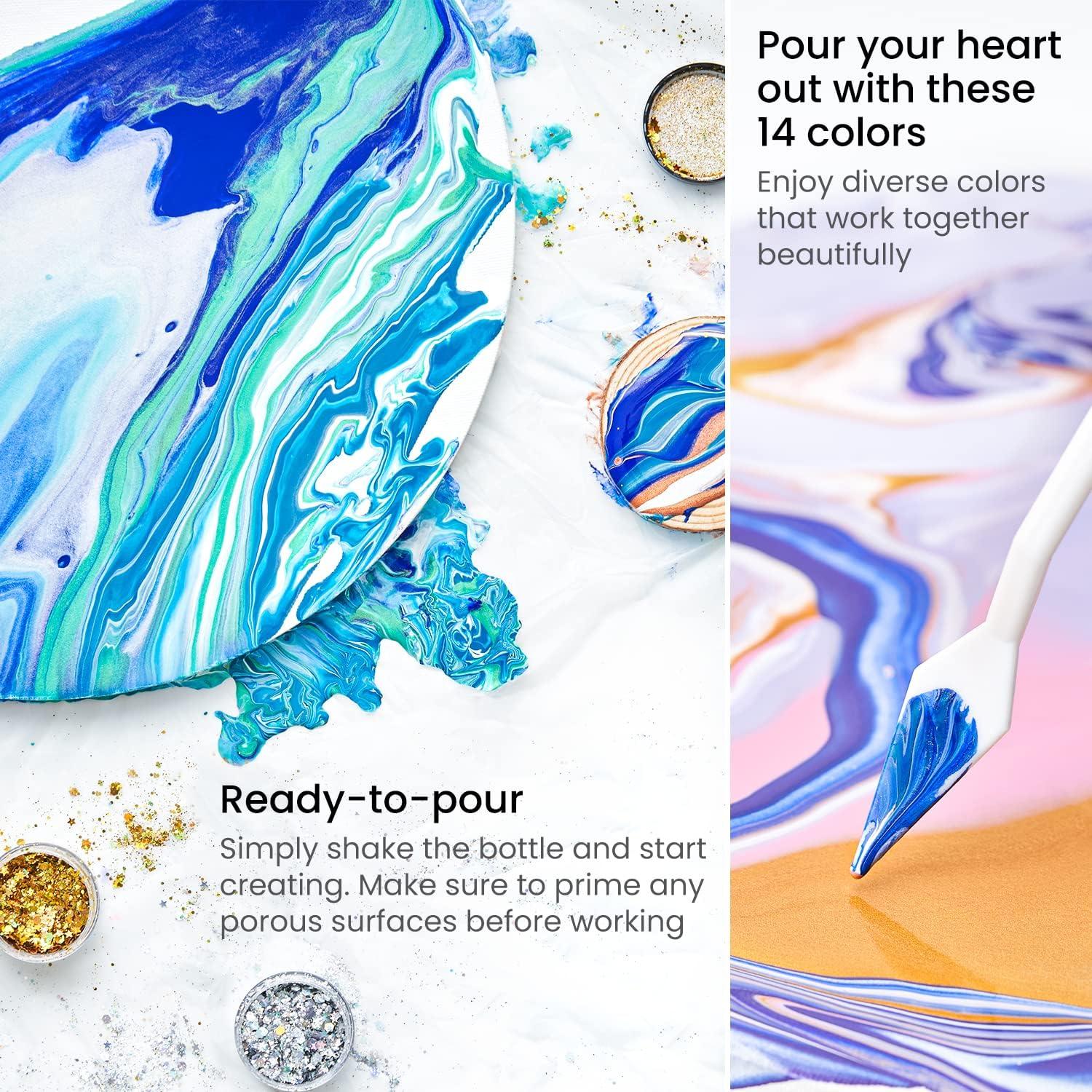 ARTEZA Acrylic Pouring Kit – 14 High-Flow Paints, 2 Stretched Canvases ...