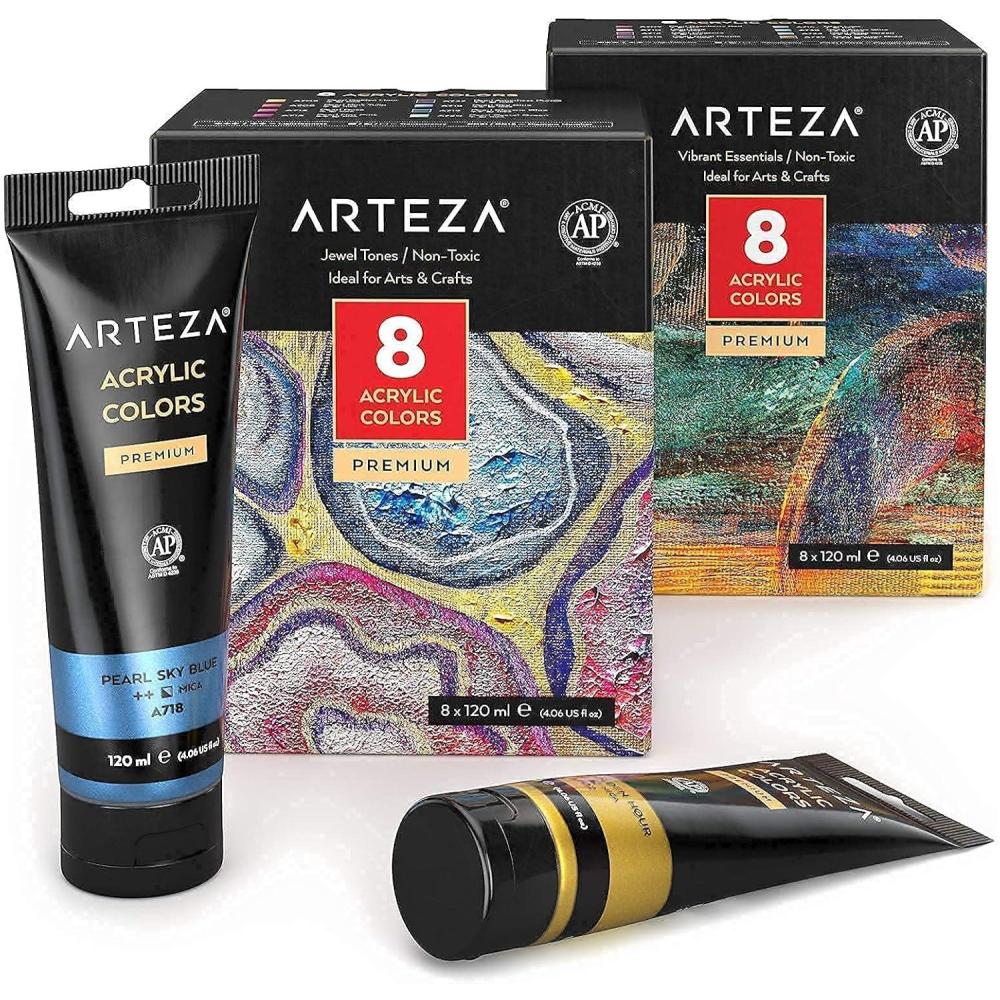 ARTEZA Metallic Acrylic Paint Bundle: Jewel and Essentials Colors ...