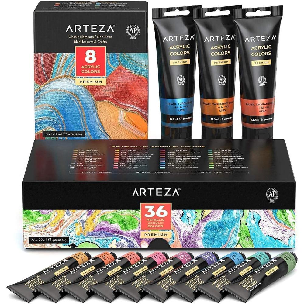 ARTEZA Premium Metallic Acrylic Painting Bundle, Painting Art Supplies ...