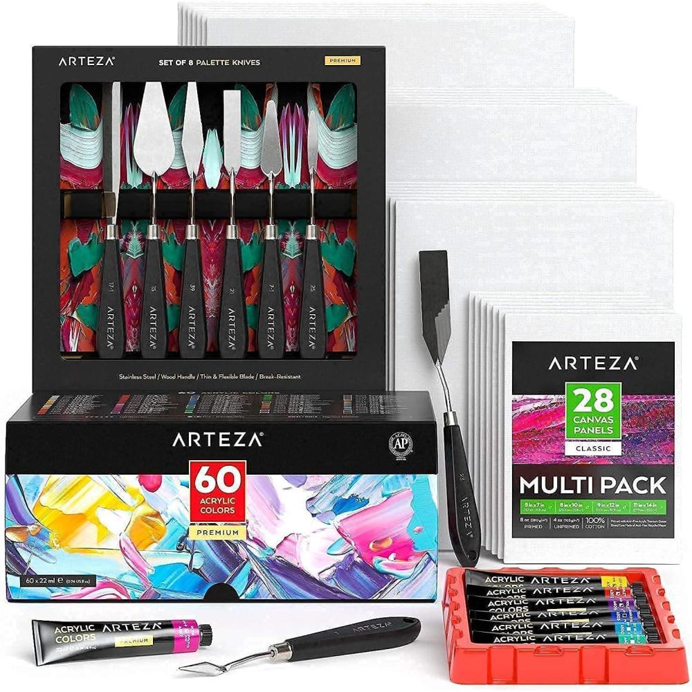 Arteza Acrylic Paints with Palette Knives and Canvas Multi Pack Bundle ...