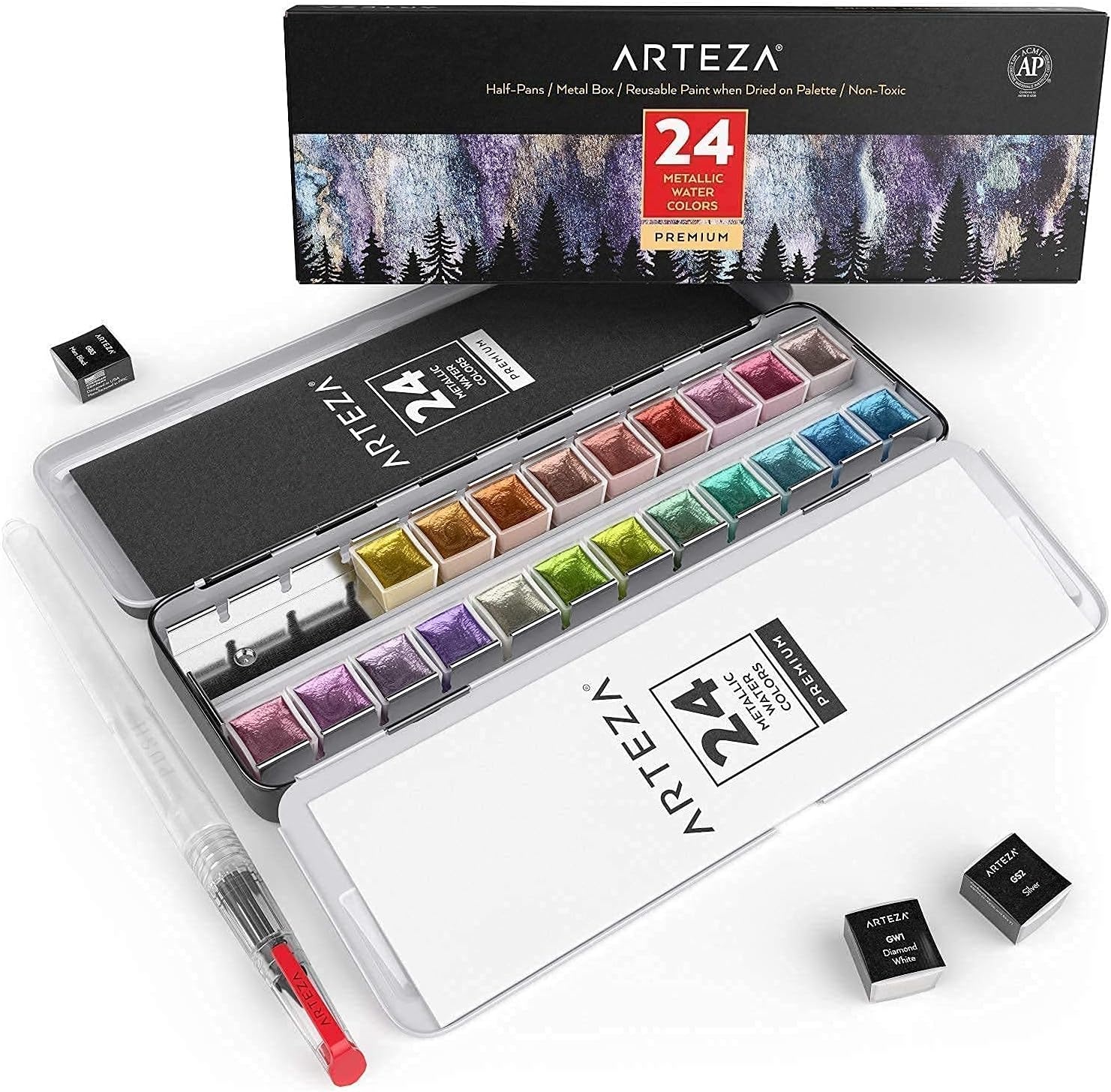 Arteza Metallic Watercolor Paint and Pad Bundle, Painting Art Supplies ...